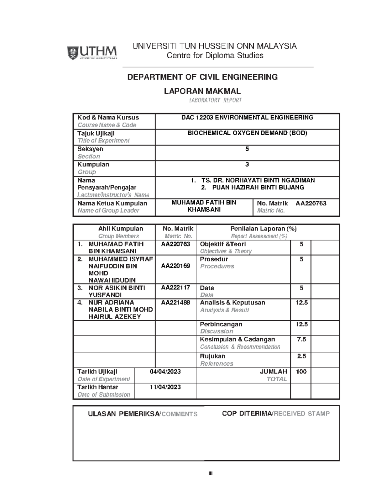 DAC 12203 Lab Report on Biochemical Oxygen Demand (BOD) - Studocu