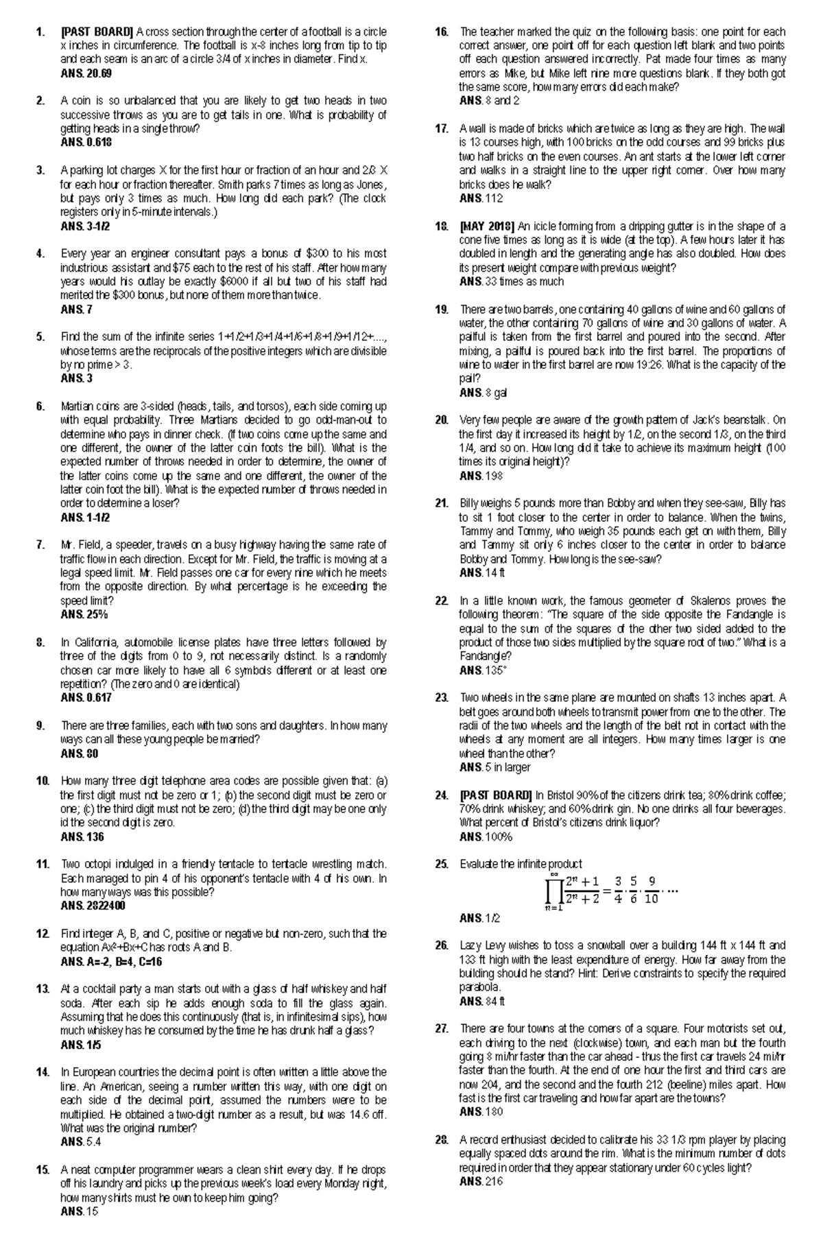 Bufler-150-Questions: Math Problem Set for Review - Studocu