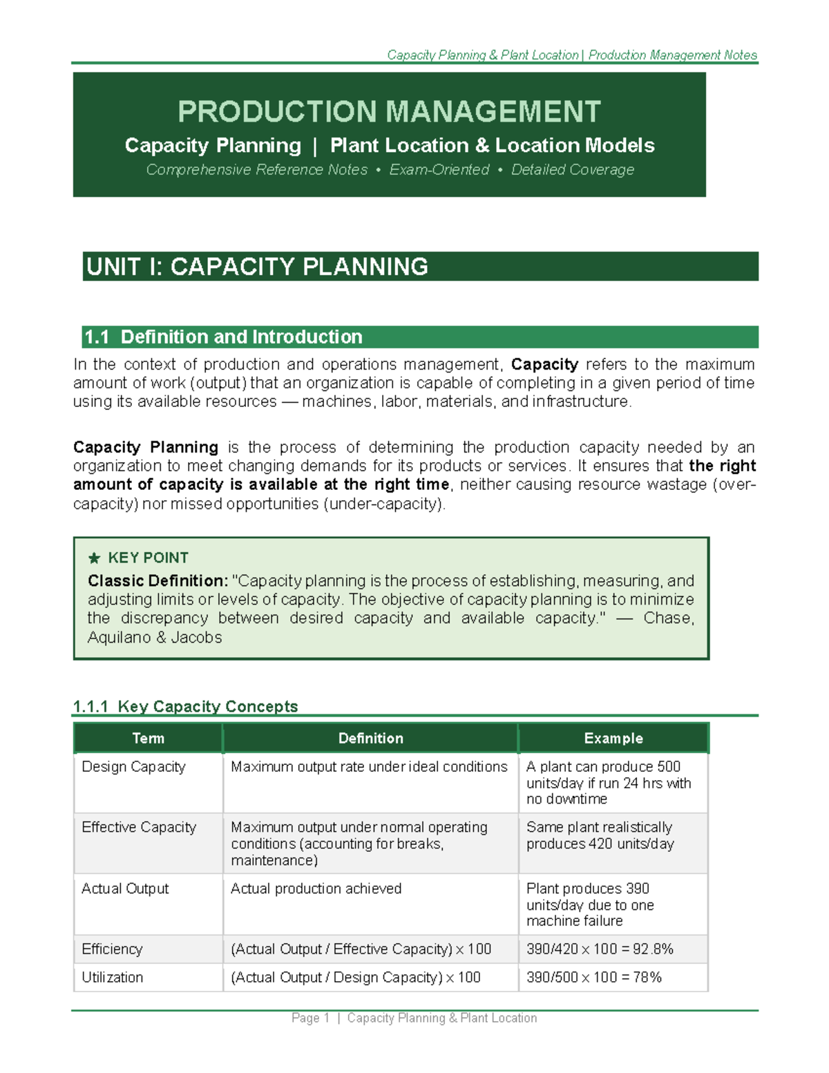 Capacity Planning & Plant Location Notes (PROD MGMT) - Studocu