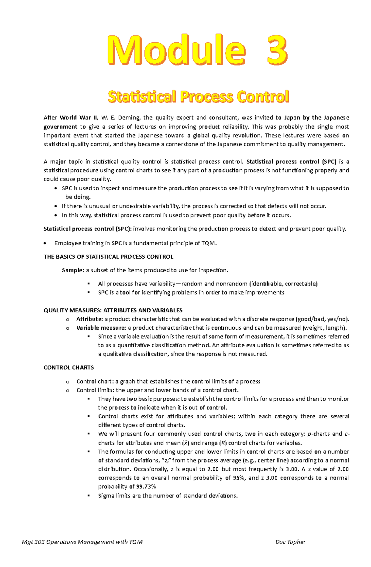 MGT 303 Operations Management with TQM: Statistical Process Control Basics - Studocu