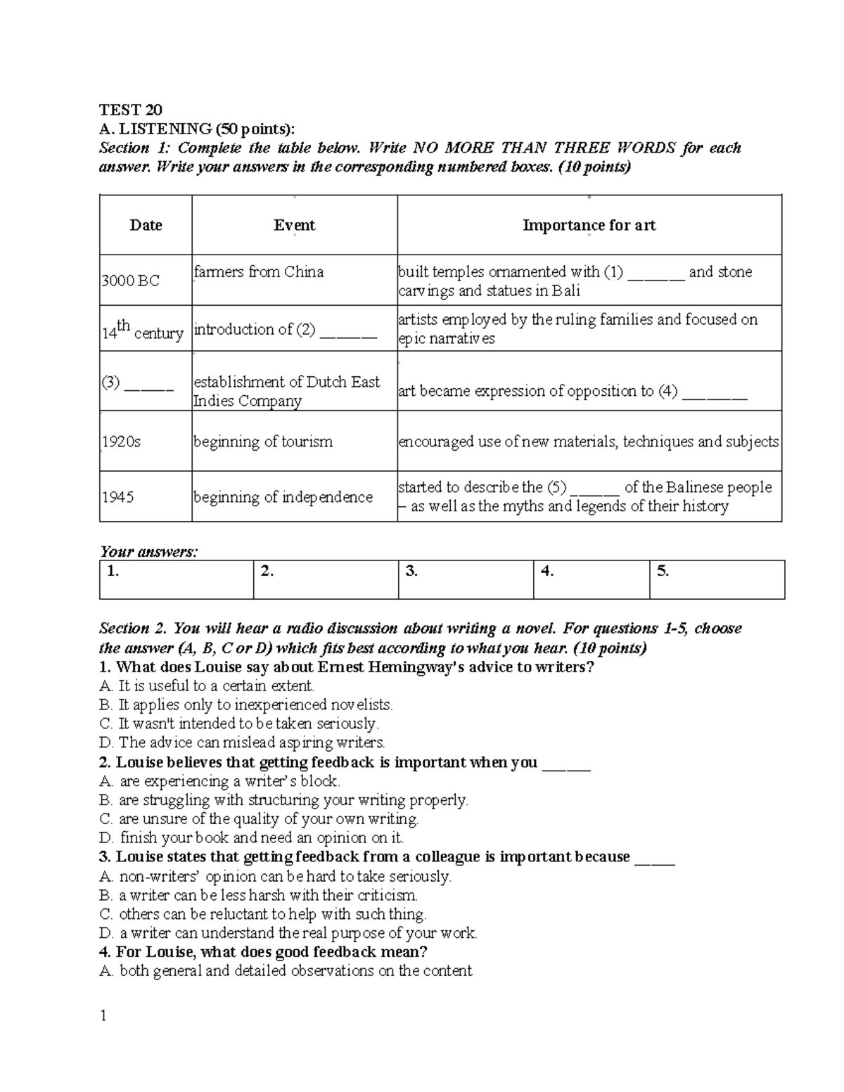 Listening Test 20A: Understanding Historical Events and Writing ...