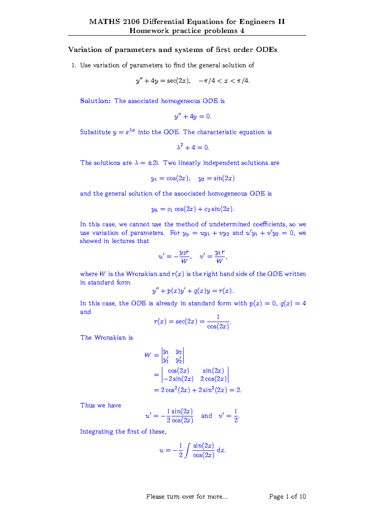 MATHS 2106 Differential Equations II Homework Practice Problems ...