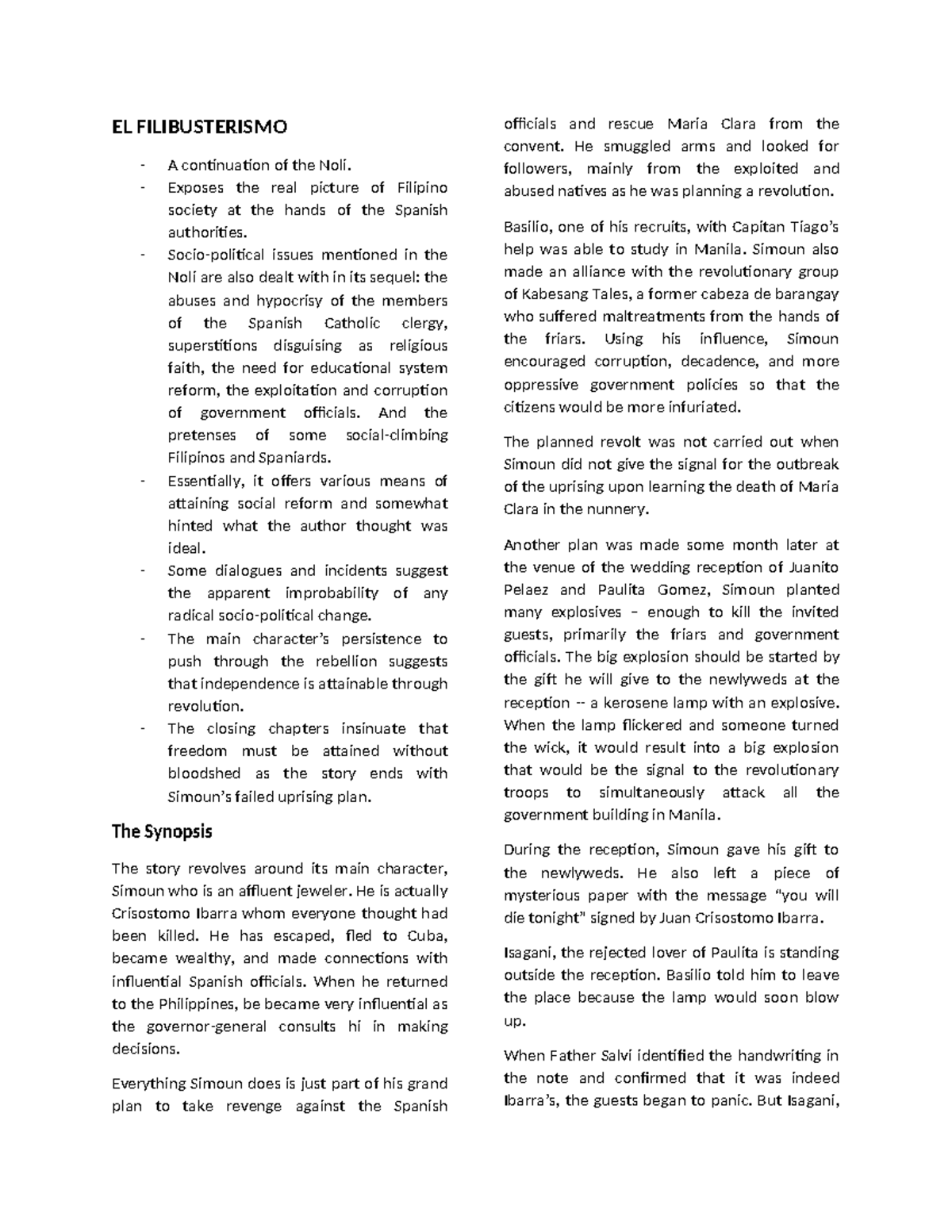 EL-FILI-Handout: Summary of El Filibusterismo and Its Themes - Studocu