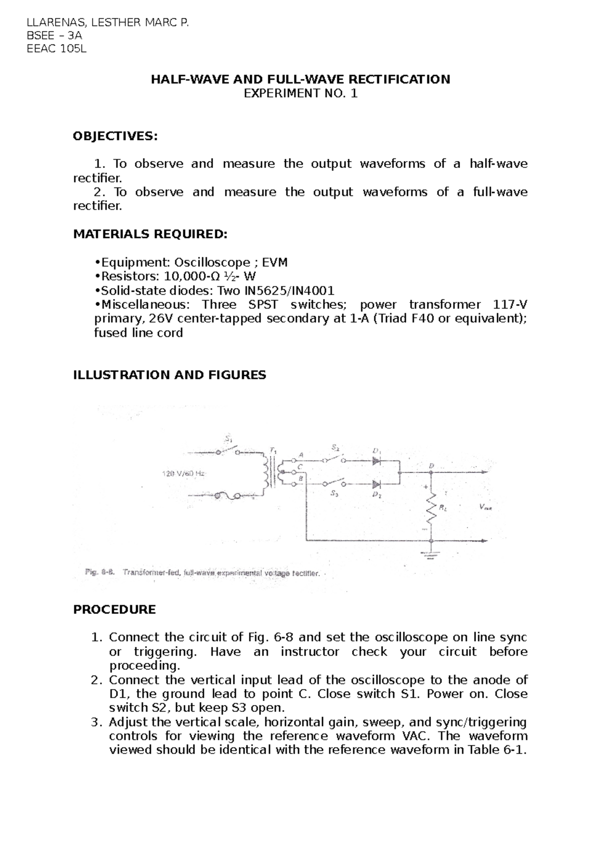Half Wave & Full Wave Rectification Lab Report - EEAC 105L - Studocu