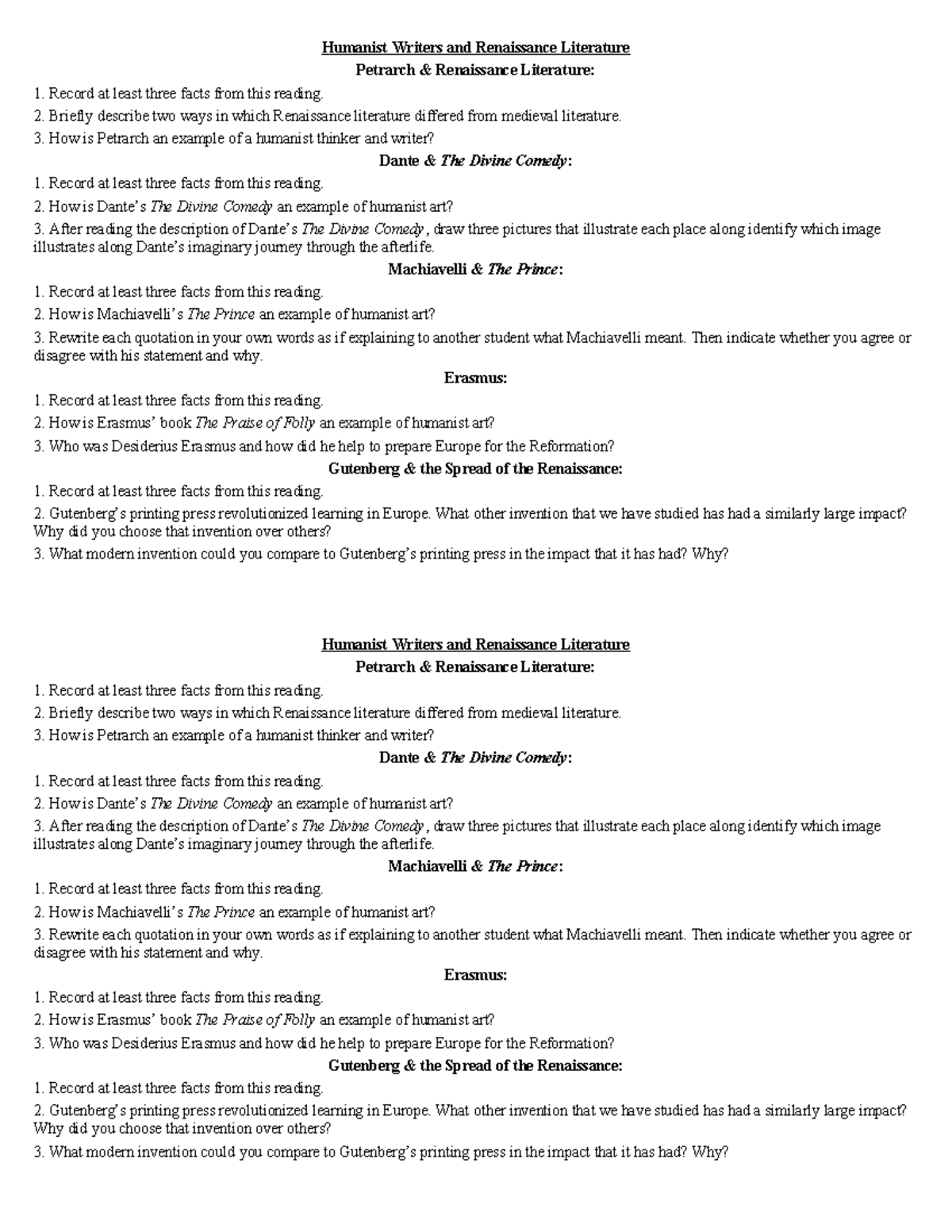 4 - humanist writing activity - Humanist Writers and Renaissance ...