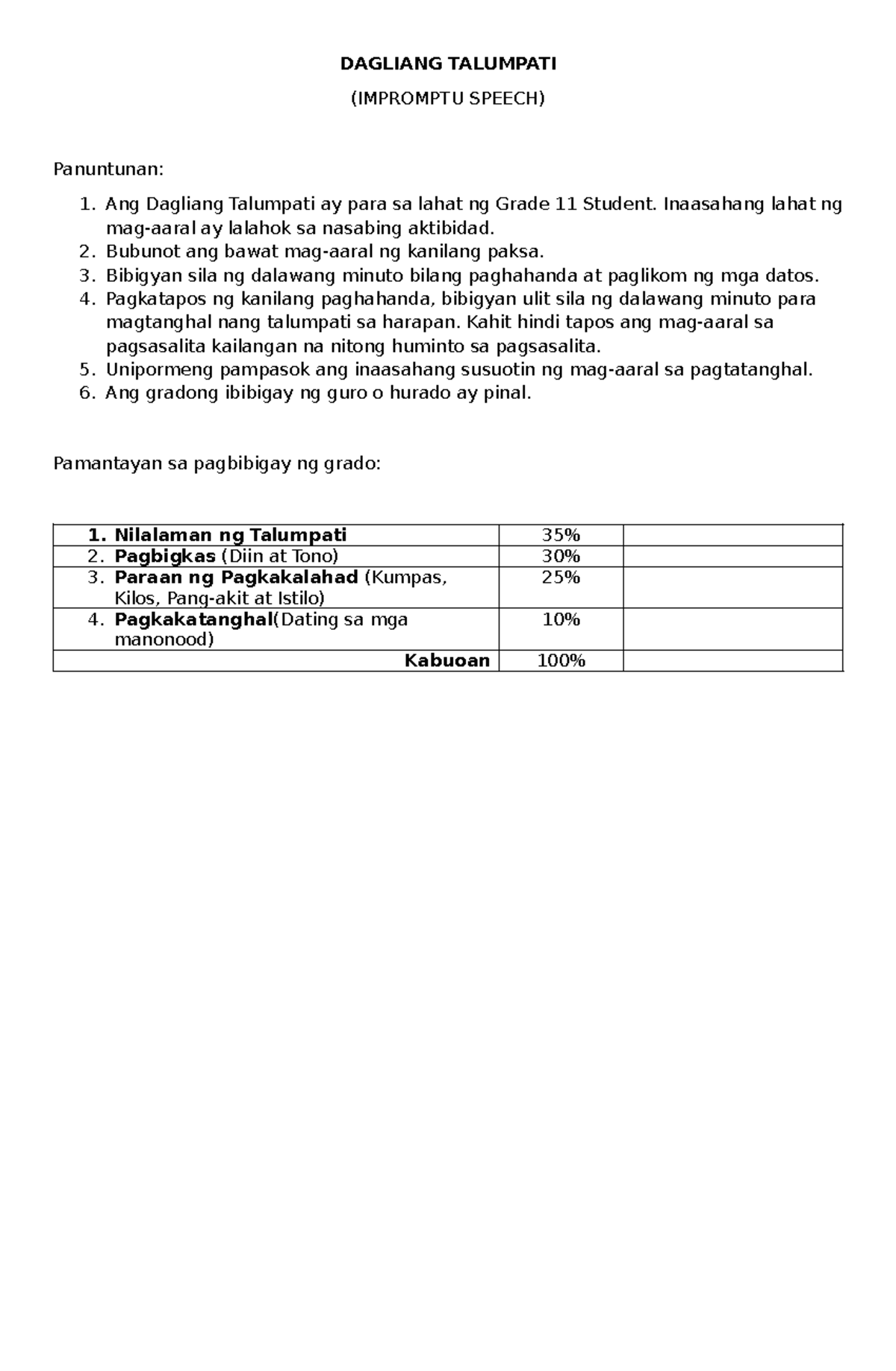 Dagliang Talumpati - DAGLIANG TALUMPATI (IMPROMPTU SPEECH) Panuntunan ...