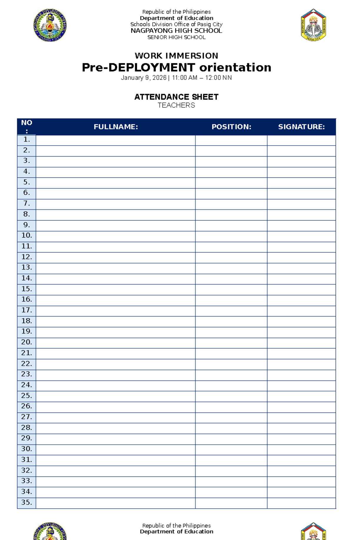 NAGPAYONG HIGH SCHOOL Work Immersion Orientation Attendance Sheet - Studocu