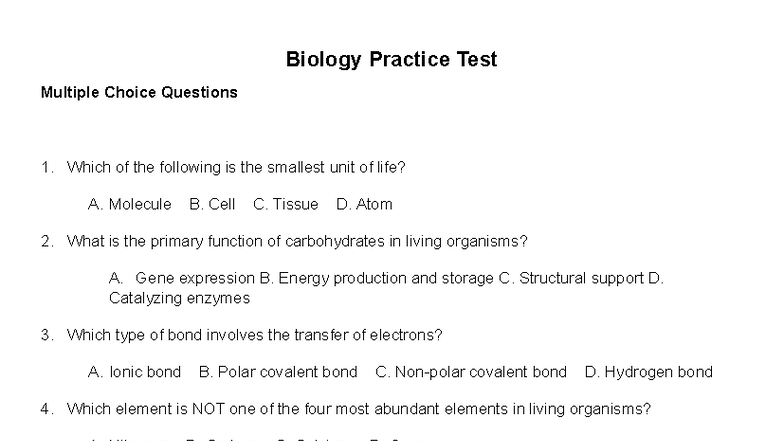 Biology Practice Test: Multiple Choice & Short Answer Questions - Studocu