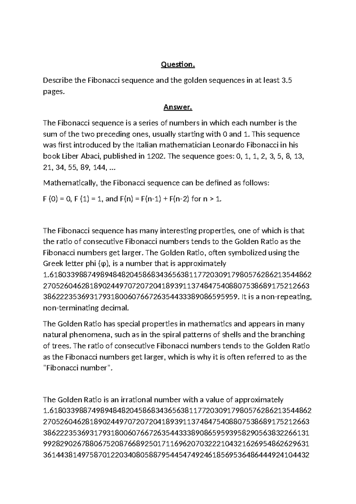 Fibonacci Sequence & Golden Ratio: Detailed Exploration (MATH101) - Studocu