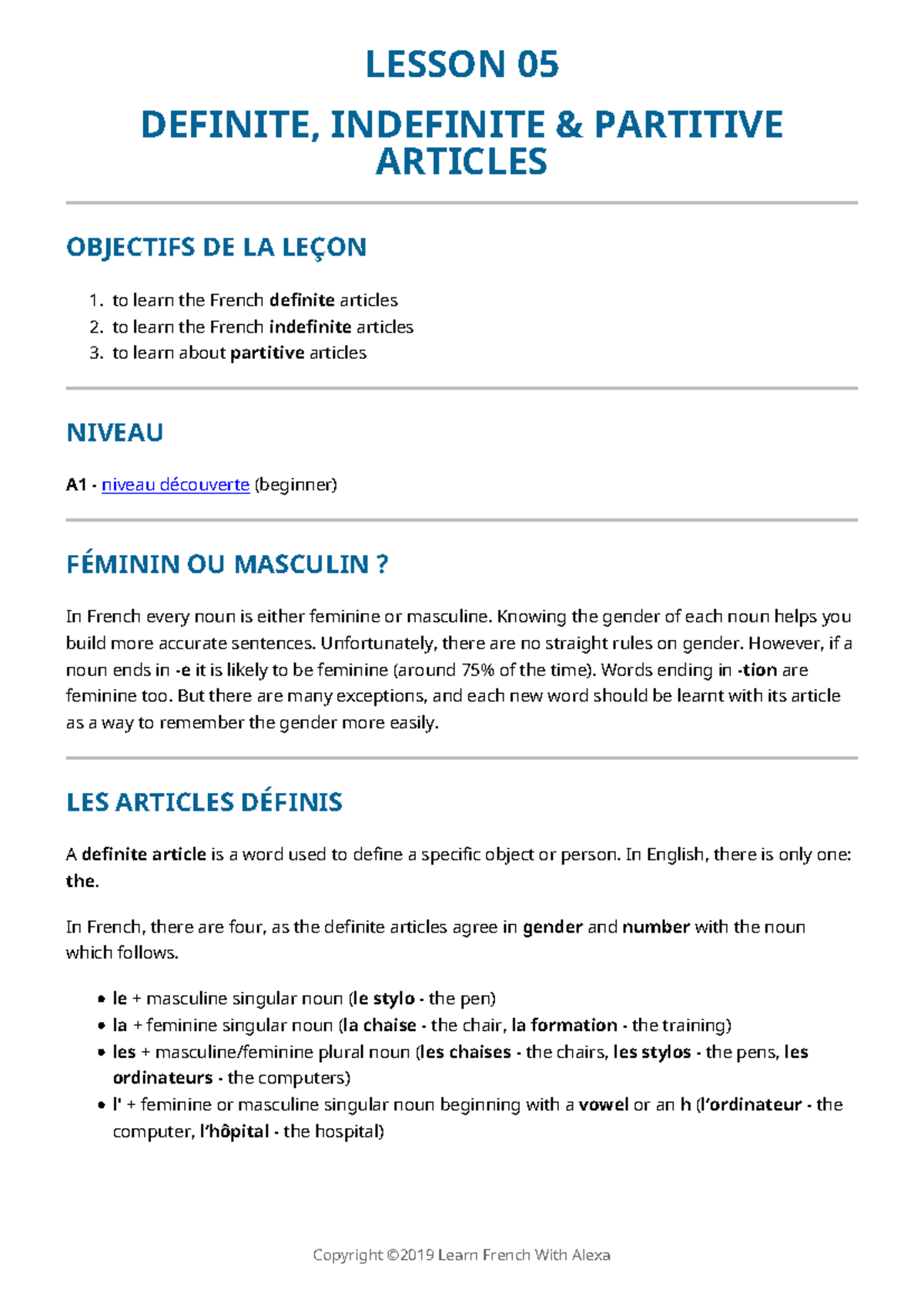 LEÇON 05 : ARTICLES DÉFINIS, INDÉFINIS ET PARTITIFS - NIVEAU A1 - Studocu