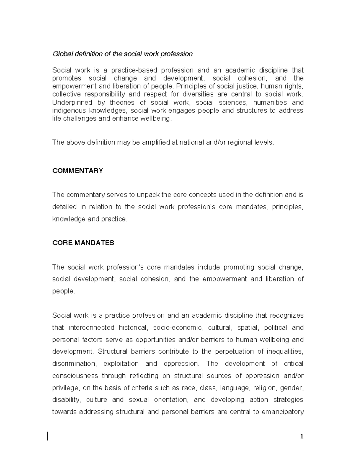 Global Definition of Social Work Profession: Core Mandates & Principles ...