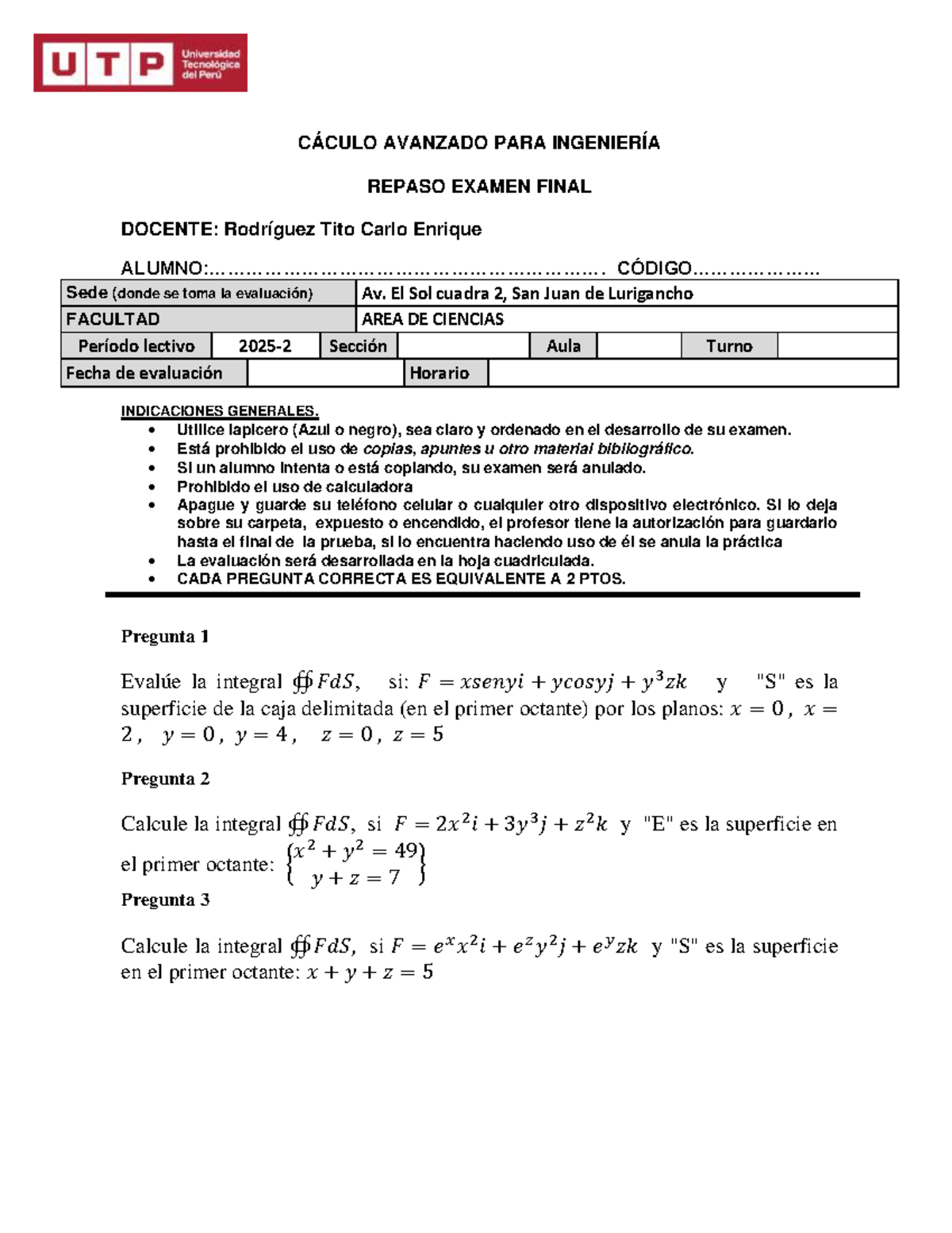 Repaso Examen Final CÁLCULO AVANZADO PARA INGENIERÍA - CAI 2025 - Studocu