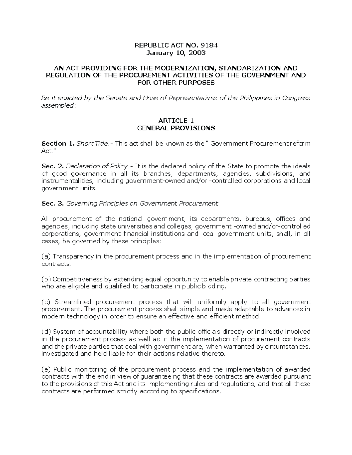 RA 9184: Government Procurement Reform Act Overview and Provisions ...