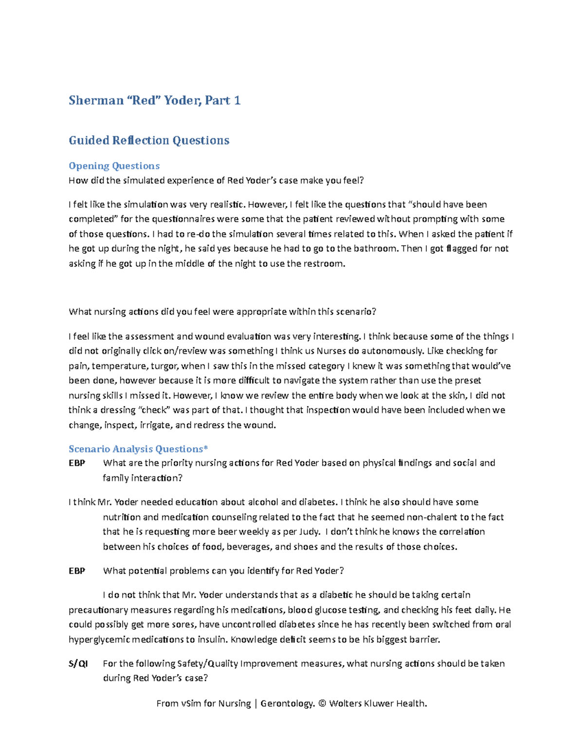 Nursing Reflection on Red Yoder Case Study (NURS 301) - Studocu