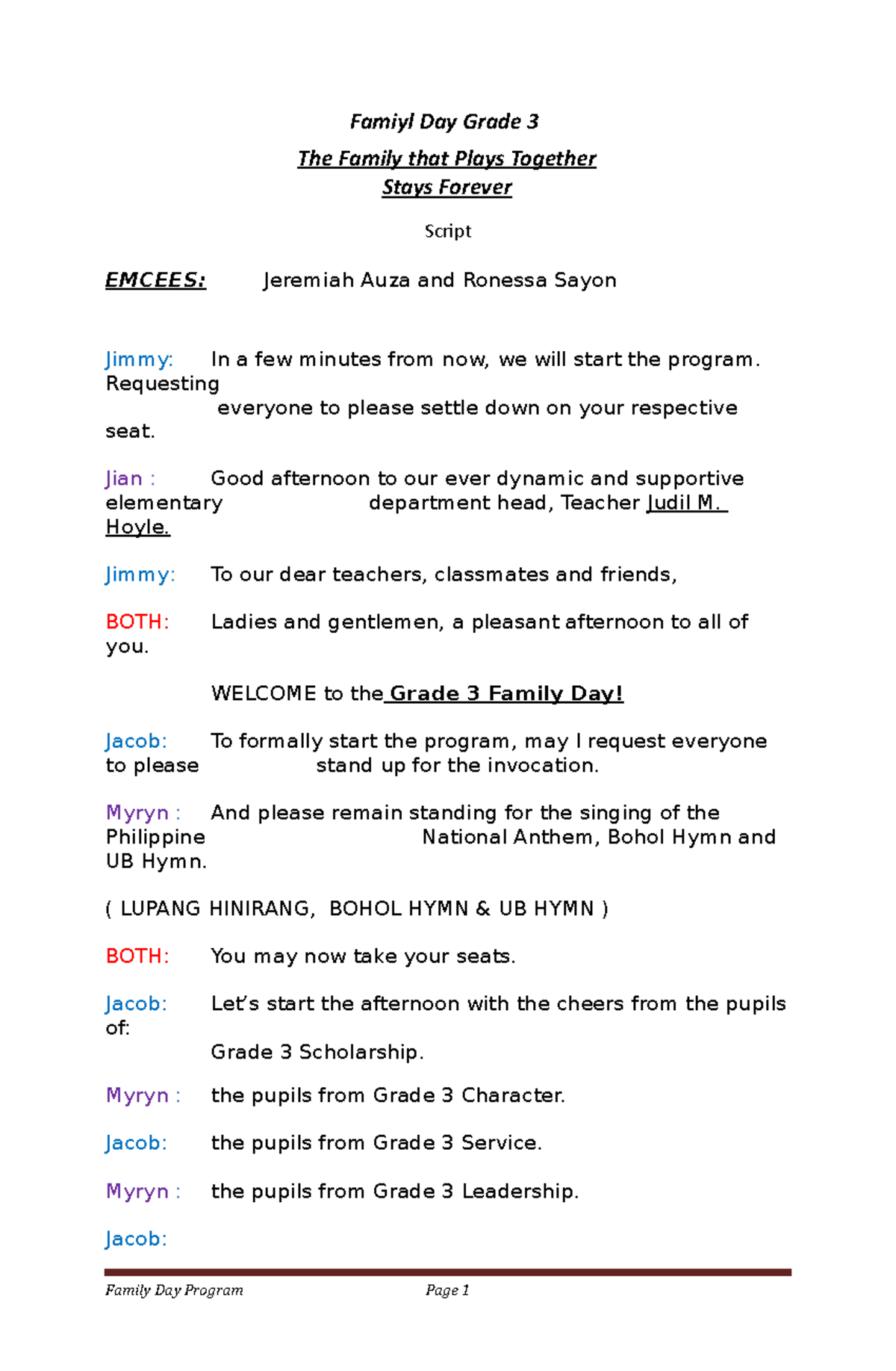 English Month Culmination Script 2020 - Famiyl Day Grade 3 The Family ...