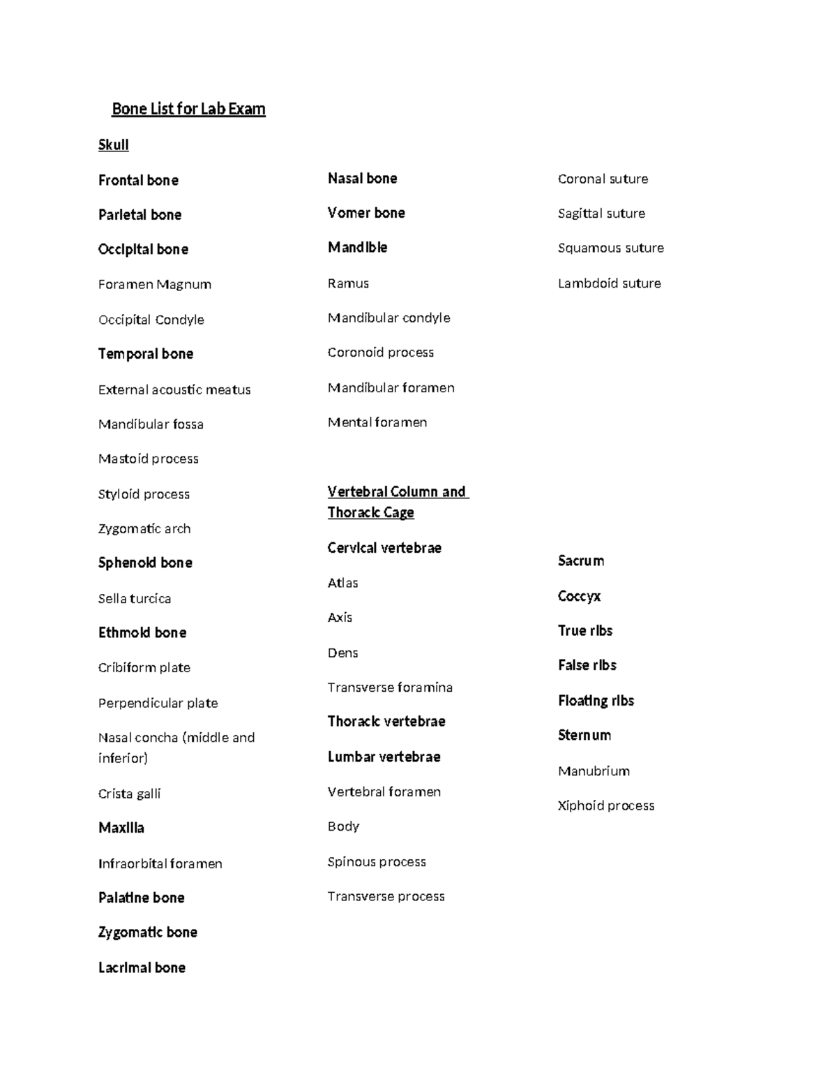 Bone List for Lab Exam: Anatomy & Physiology (ANP 101) - Studocu