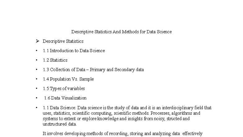 Descriptive Statistics and Data Science Methods (Course Code: DS101 ...