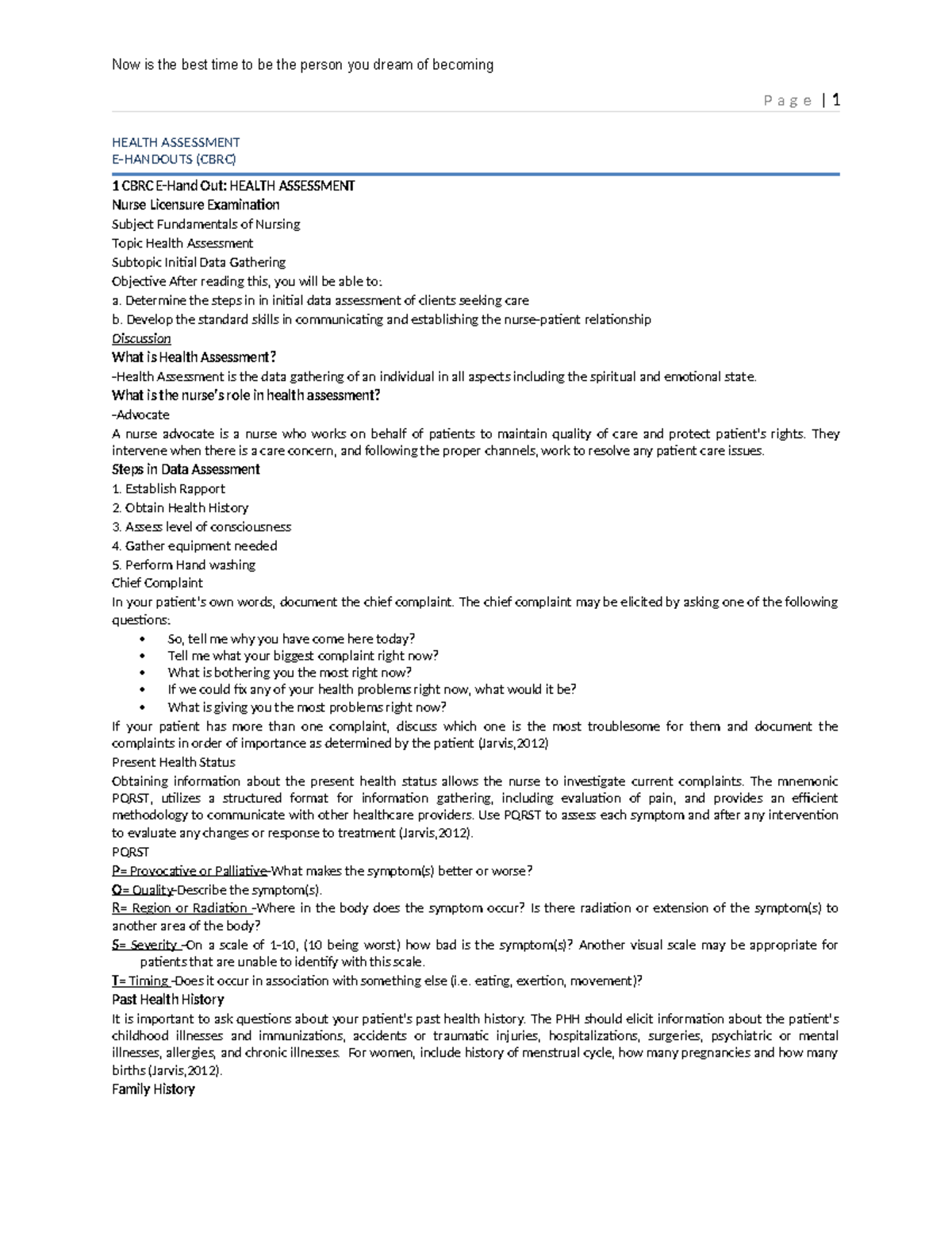 Health Assessment Notes (CBRC) - Fundamentals of Nursing - Studocu