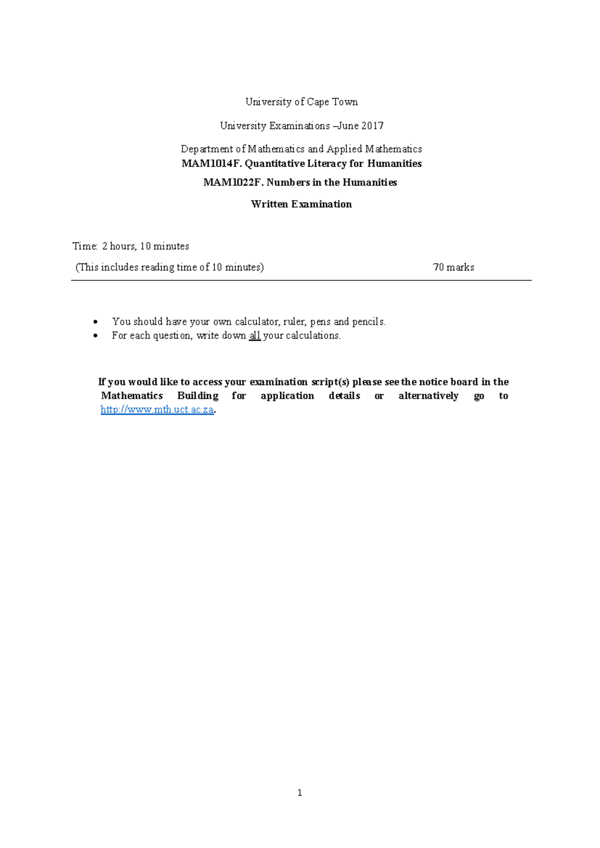 2017 MAM1014F & MAM1022F Final Exam Solutions: Quantitative Literacy ...