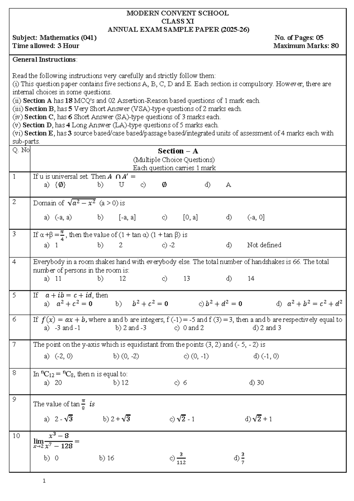 Mathematics Class XI Annual Exam Sample Paper (041) 2025-26 - Studocu