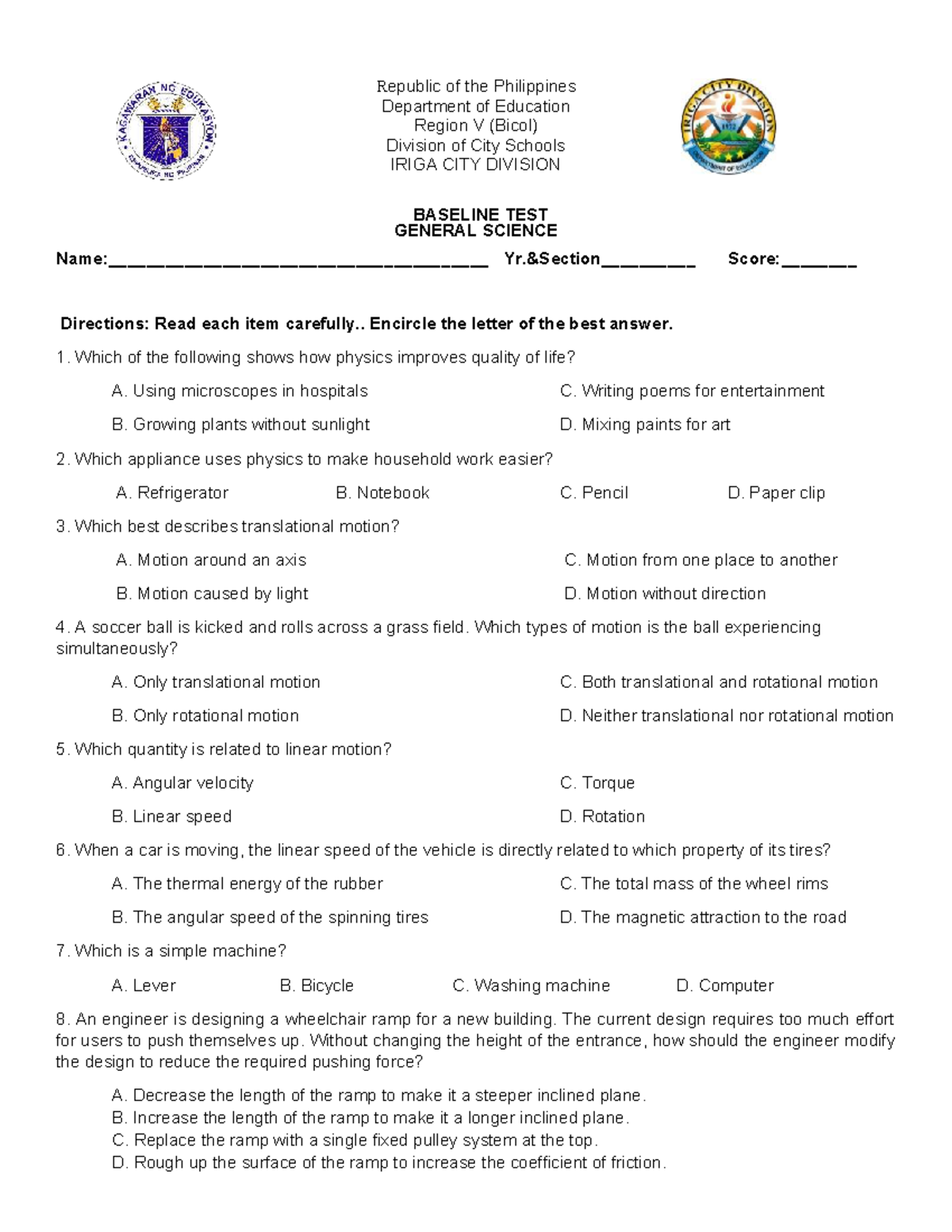 General Science Baseline Test (GS 101) - Studocu
