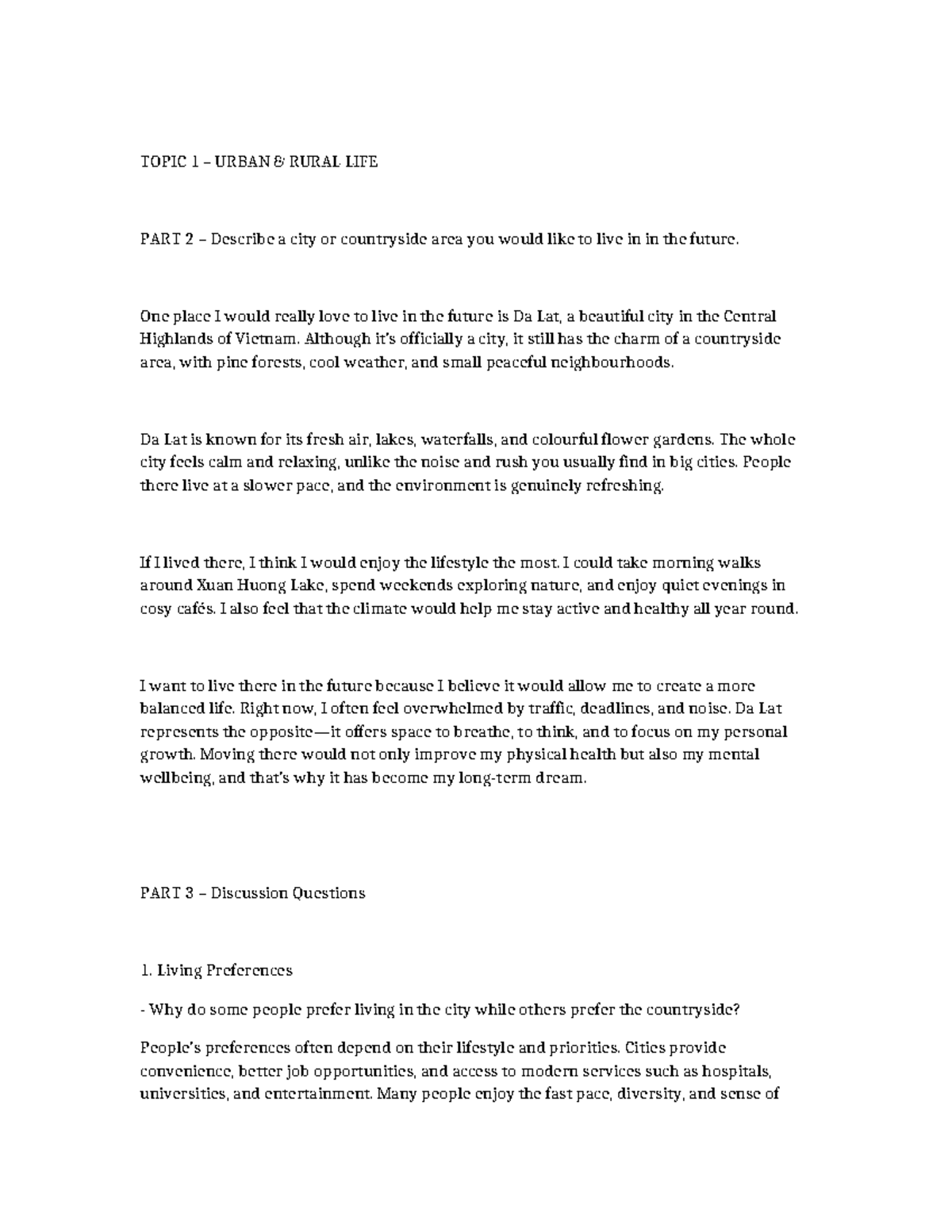 IELTS Part 2: Urban vs. Rural Living Preferences and Health Choices ...