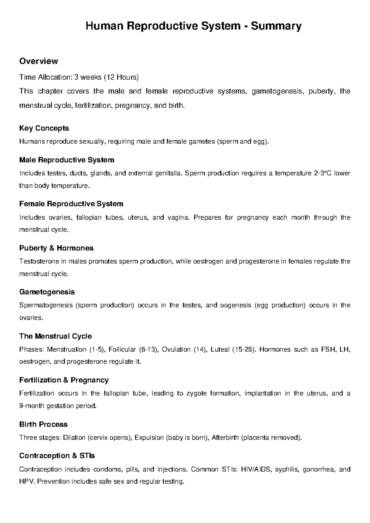 Human Reproductive System Summary - Human Reproductive System - Summary ...