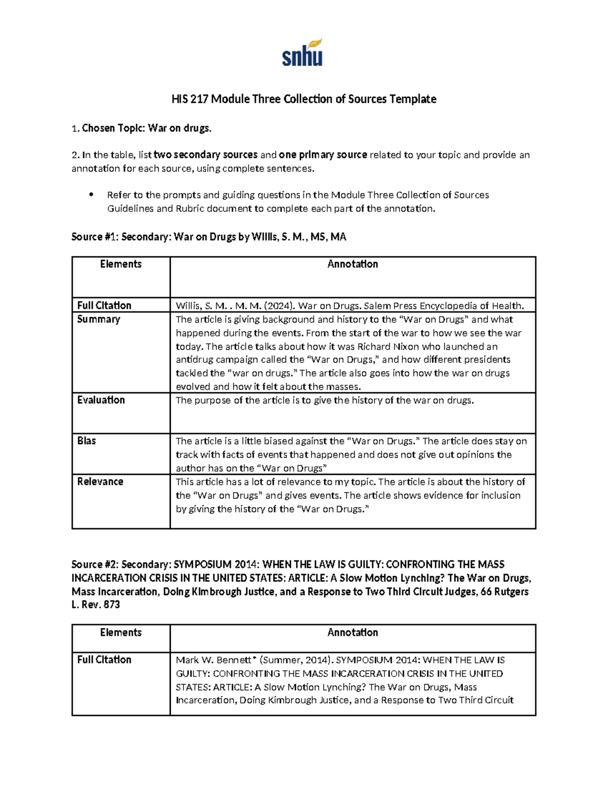 HIS 217 Module Three Annotated Sources on the War on Drugs - Studocu