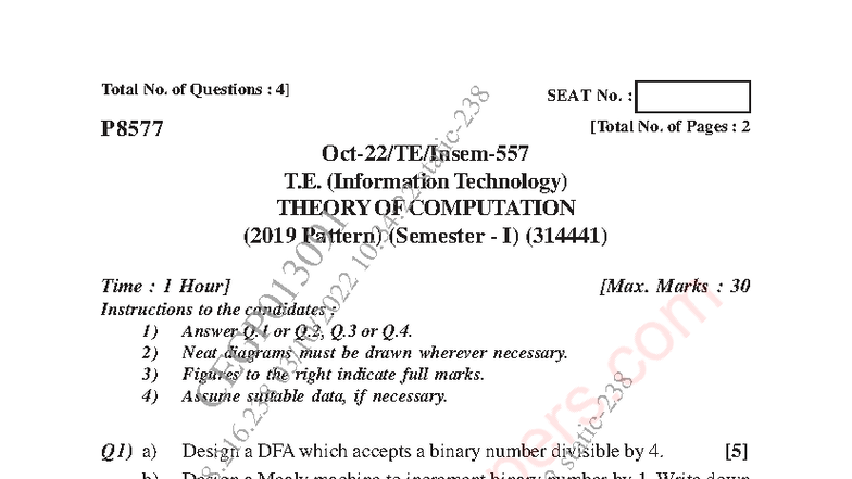 TE (Information Technology) Theory of Computation End Semester Exam QP ...