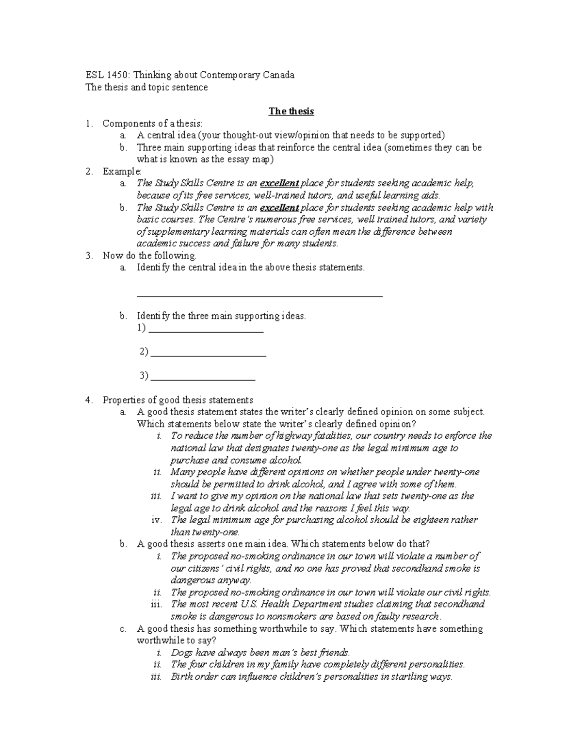 ESL 1450: Understanding Thesis and Topic Sentences in Essays - Studocu