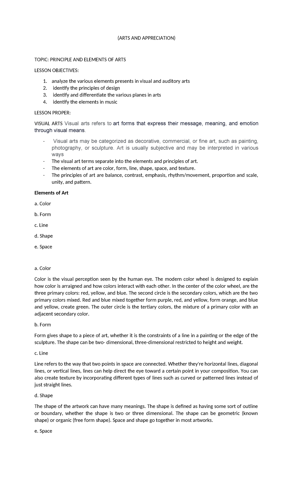 ARTS 101: Principles & Elements of Visual Arts - Lesson Notes - Studocu