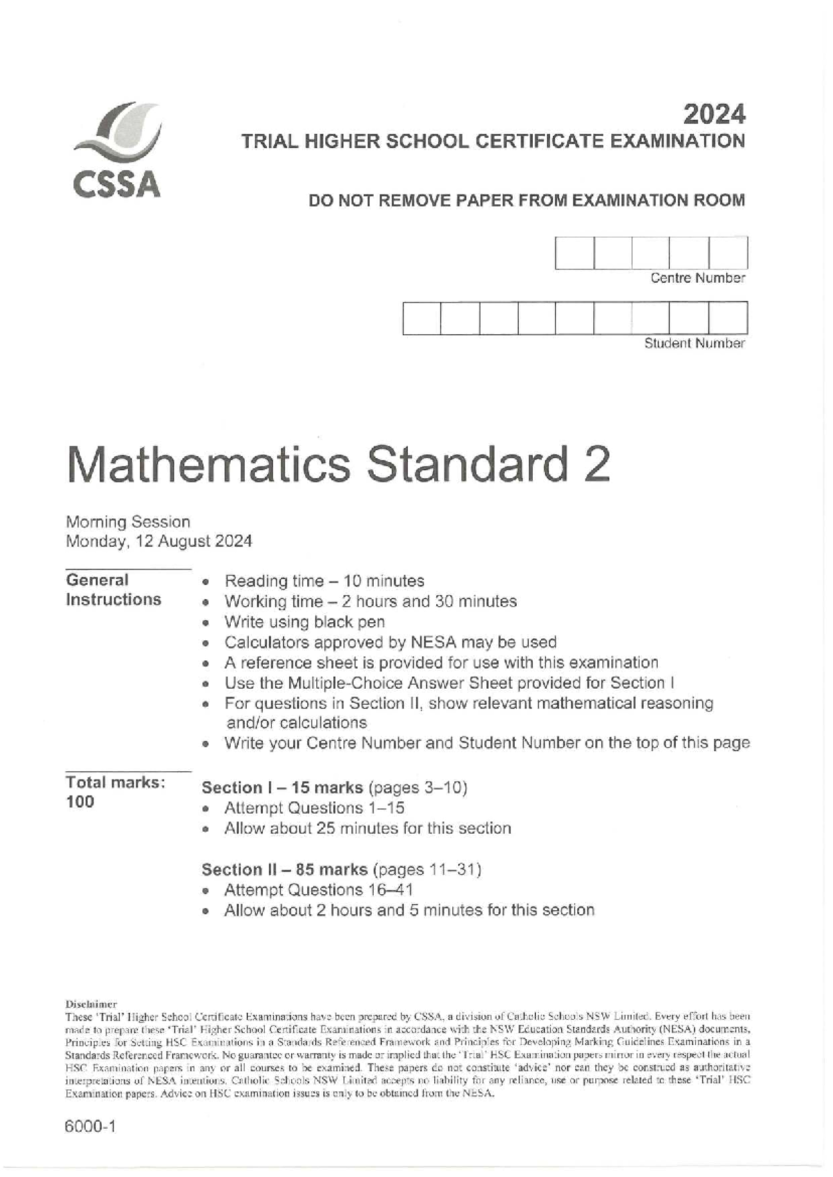 2024 HSC Mathematics Standard 2 Trial Exam CSSA - Studocu