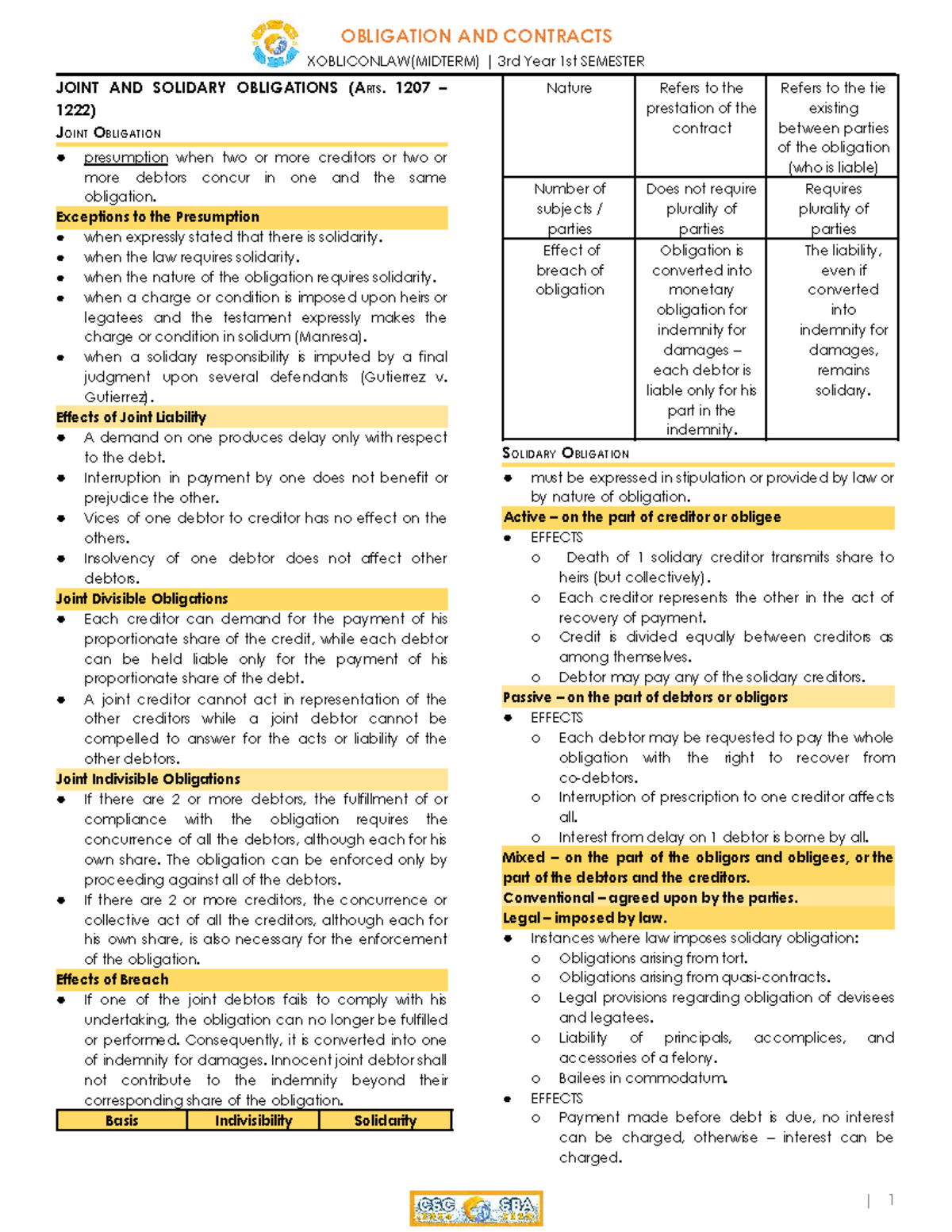 Midterm Notes on Joint and Solidary Obligations (XOBLICONLAW) - Studocu