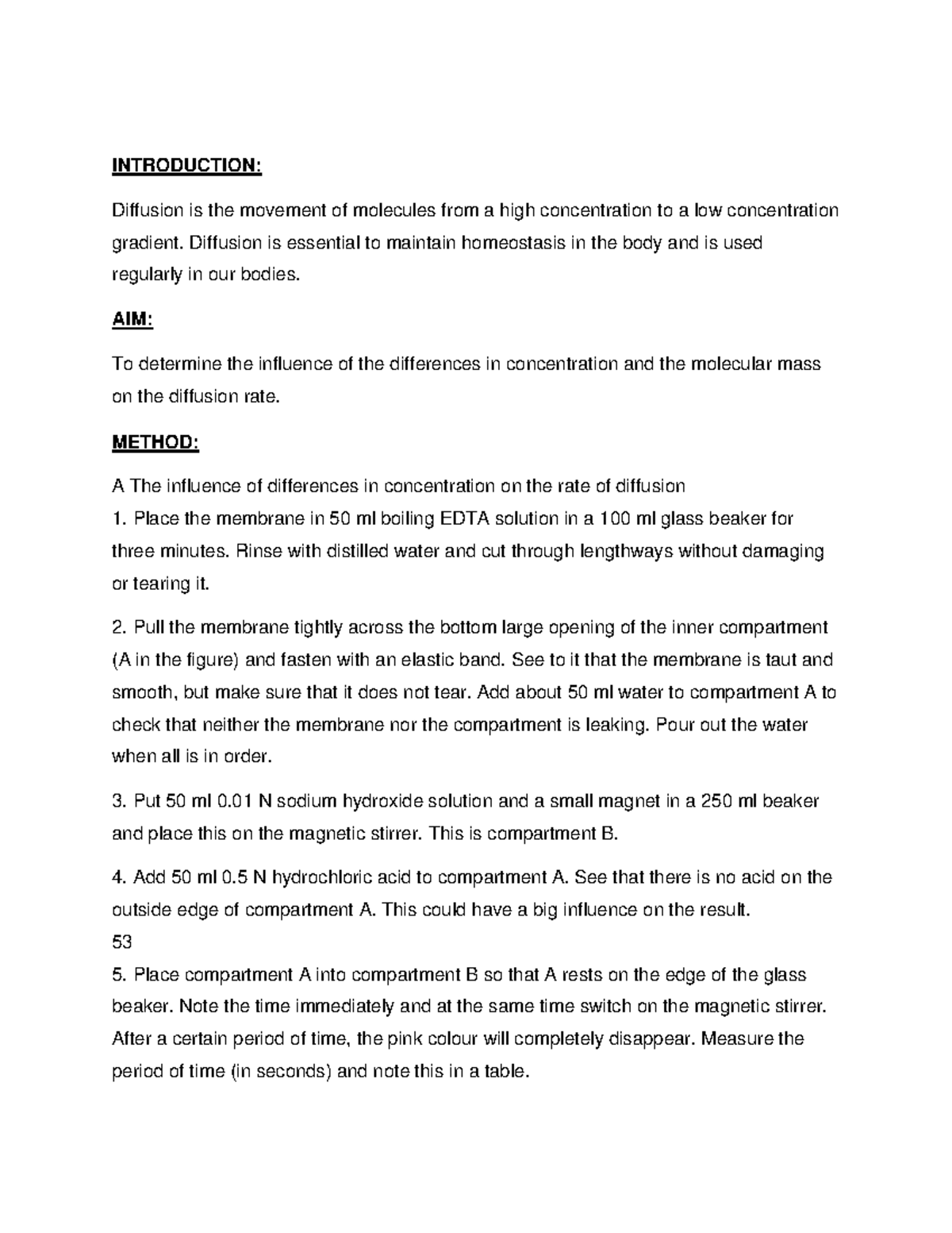 Diffusion Lab Report - PRAC on Concentration & Molecular Mass Effects ...