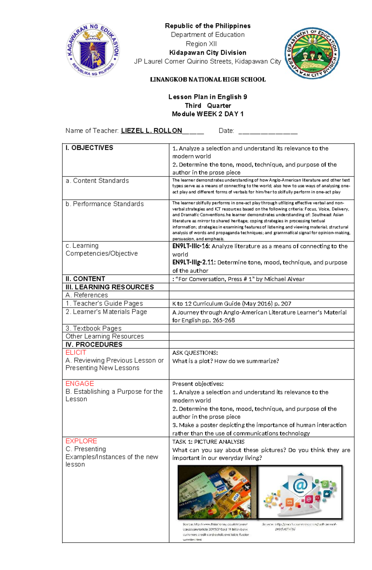 G9- English 9 Lesson Plan: Week 2 Day 1 Activities - Studocu