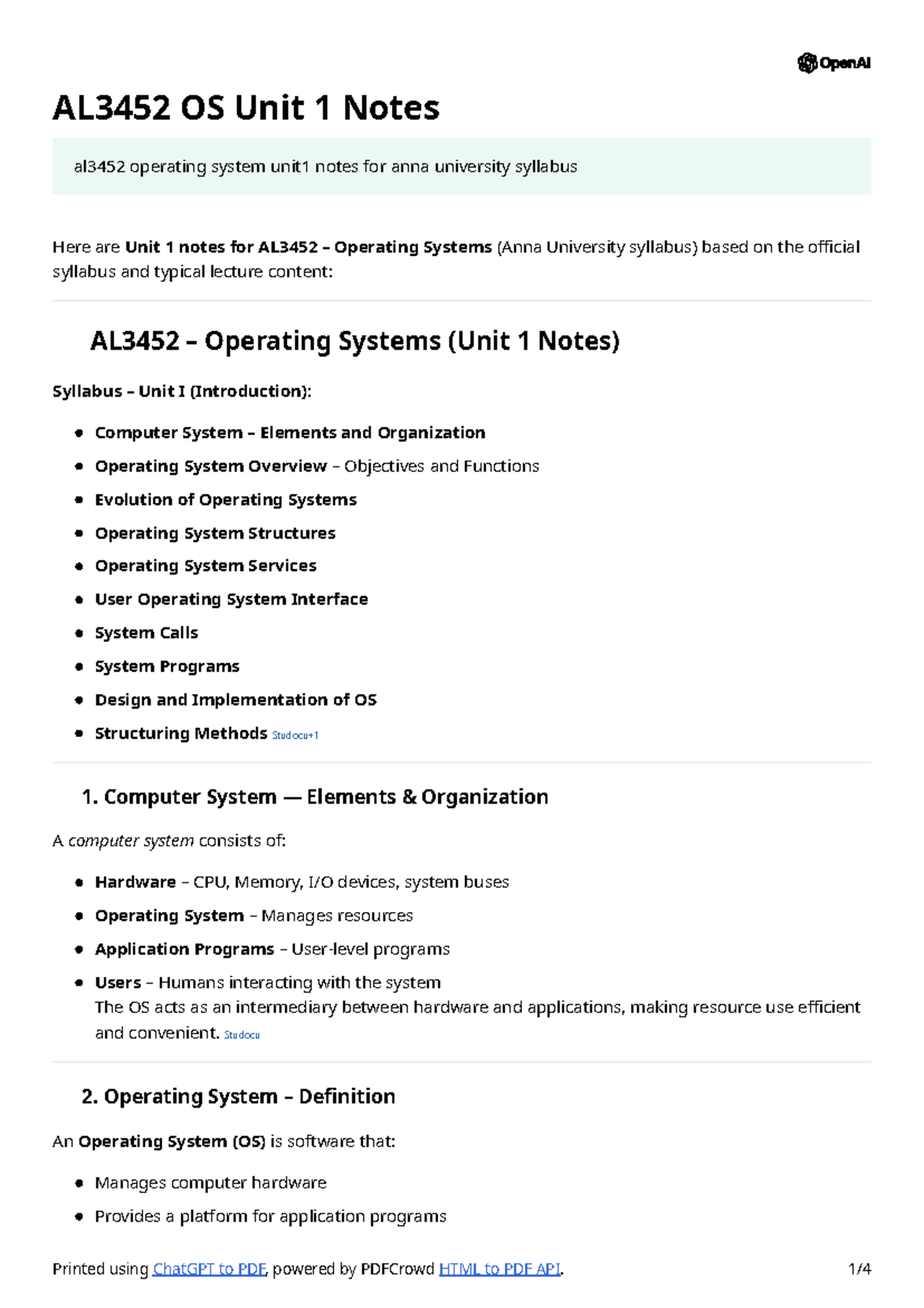 AL3452 Operating Systems Unit 1 Lecture Notes for Anna University - Studocu