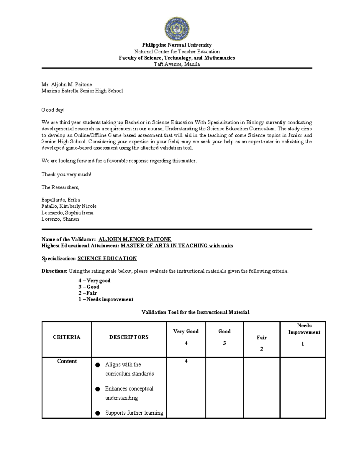 Validation Tool for Science Education Curriculum Assessment - Studocu