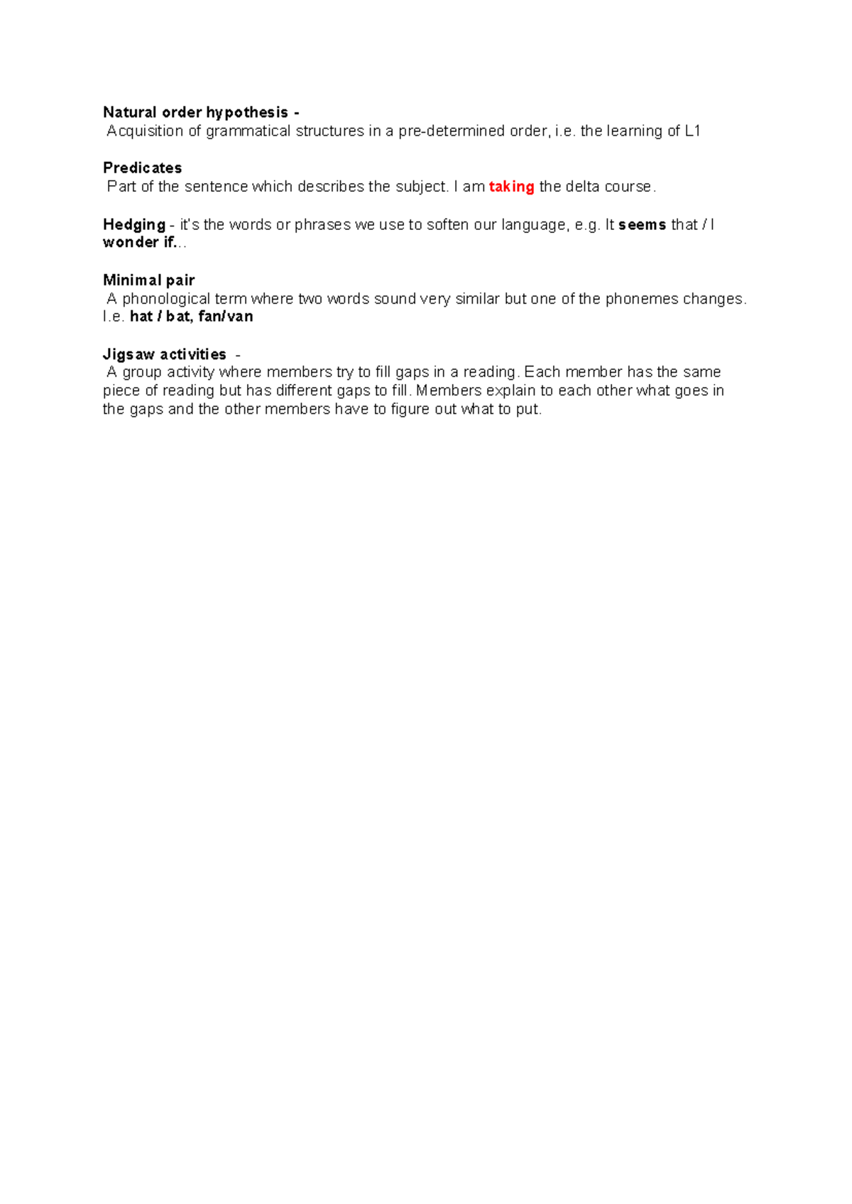 Terminology for Delta Course: Natural Order Hypothesis & More - Studocu