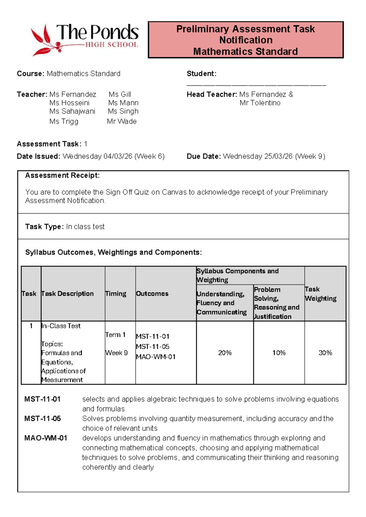 Mathematics Standard Preliminary Assessment Task Notification - Studocu