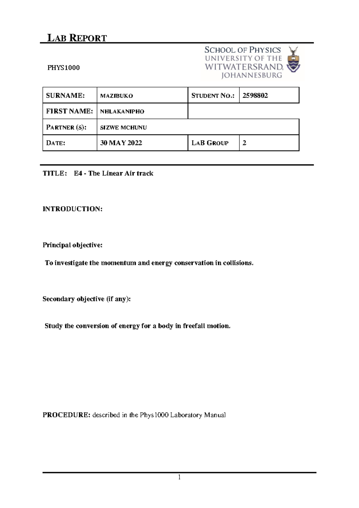 2598802 EXP04 - Lab Report on Linear Air Track Collisions - Studocu