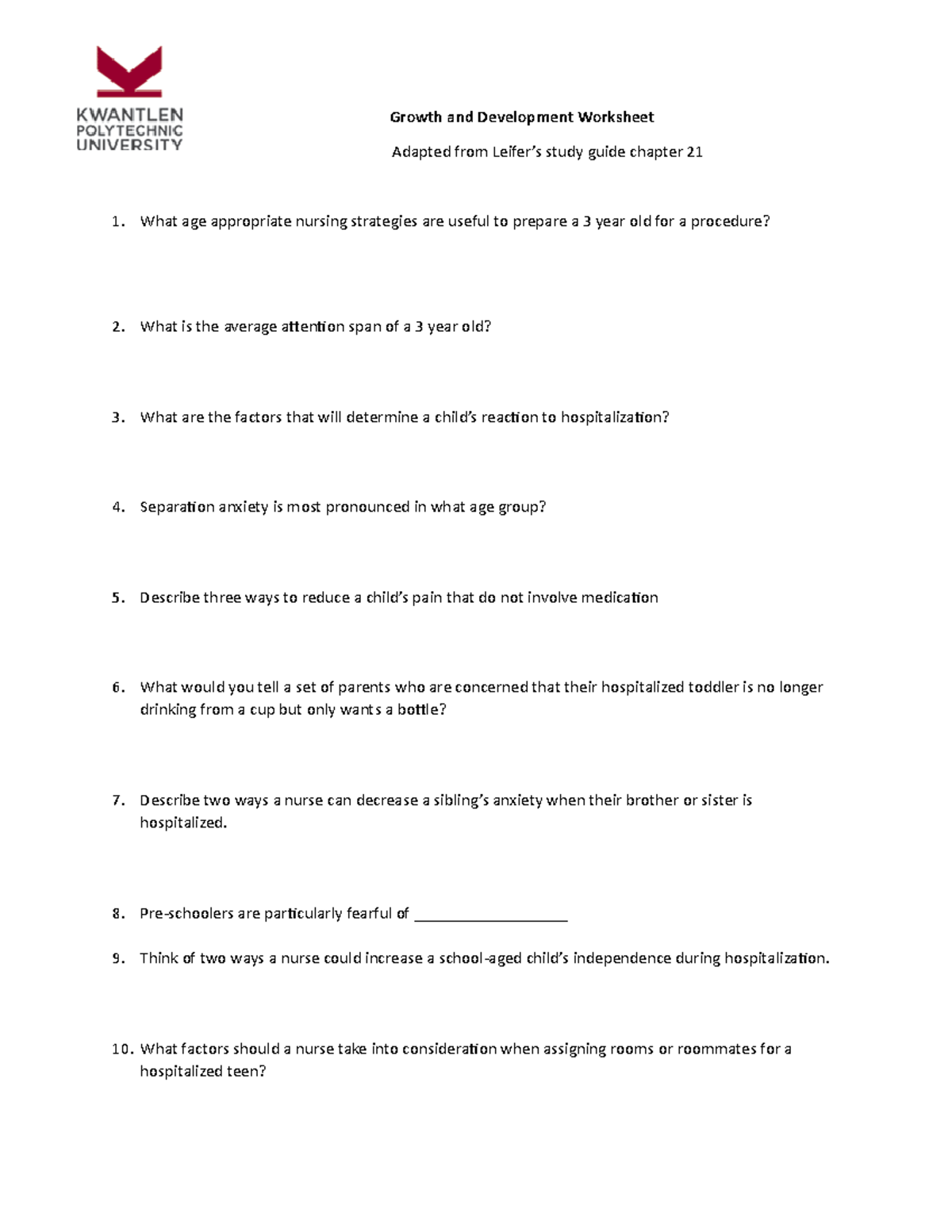 Growth and Development Worksheet: Nursing Strategies for Pediatric Care ...