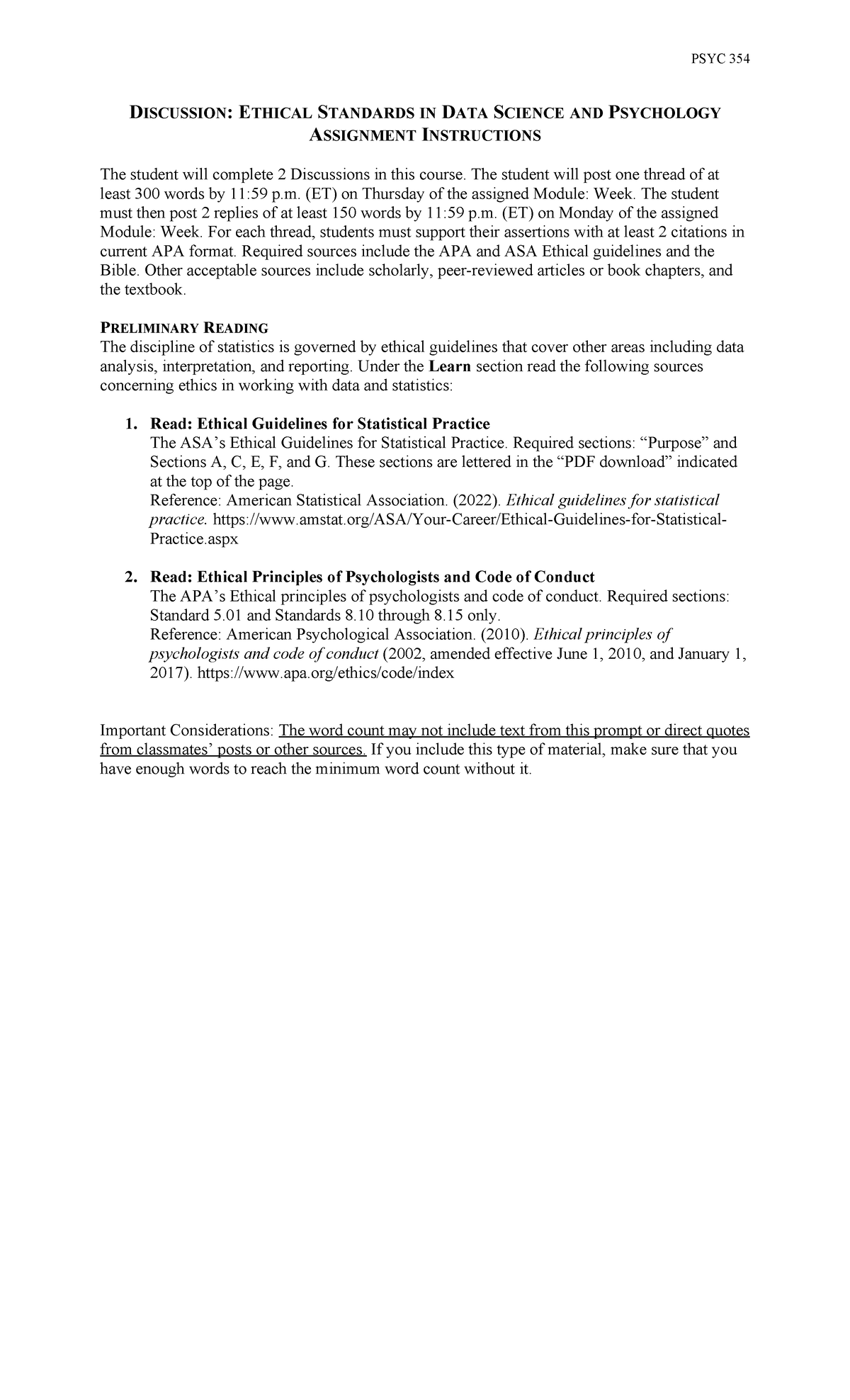 PSYC 354 Discussion: Ethical Standards in Data Science & Psychology ...