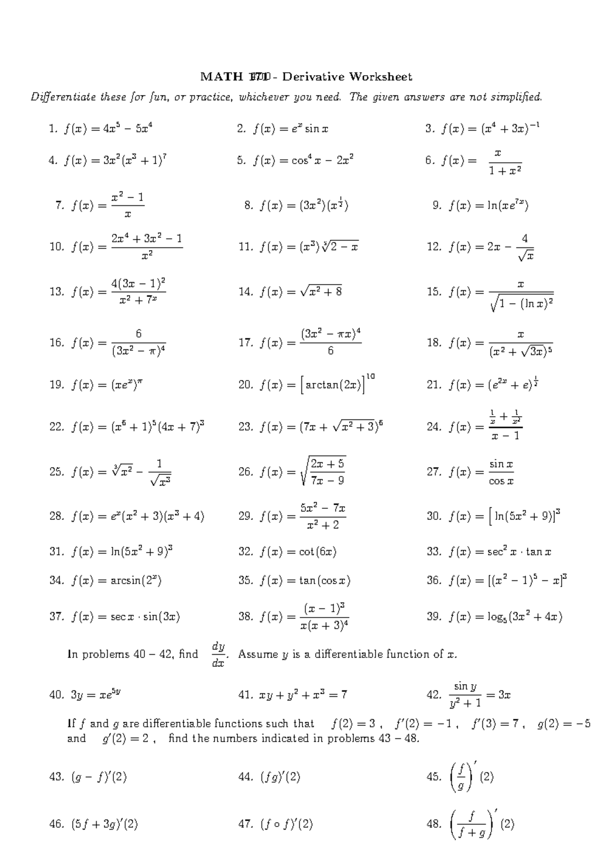 MATH 171 - Derivative Worksheet: Questions & Answers with Steps - Studocu