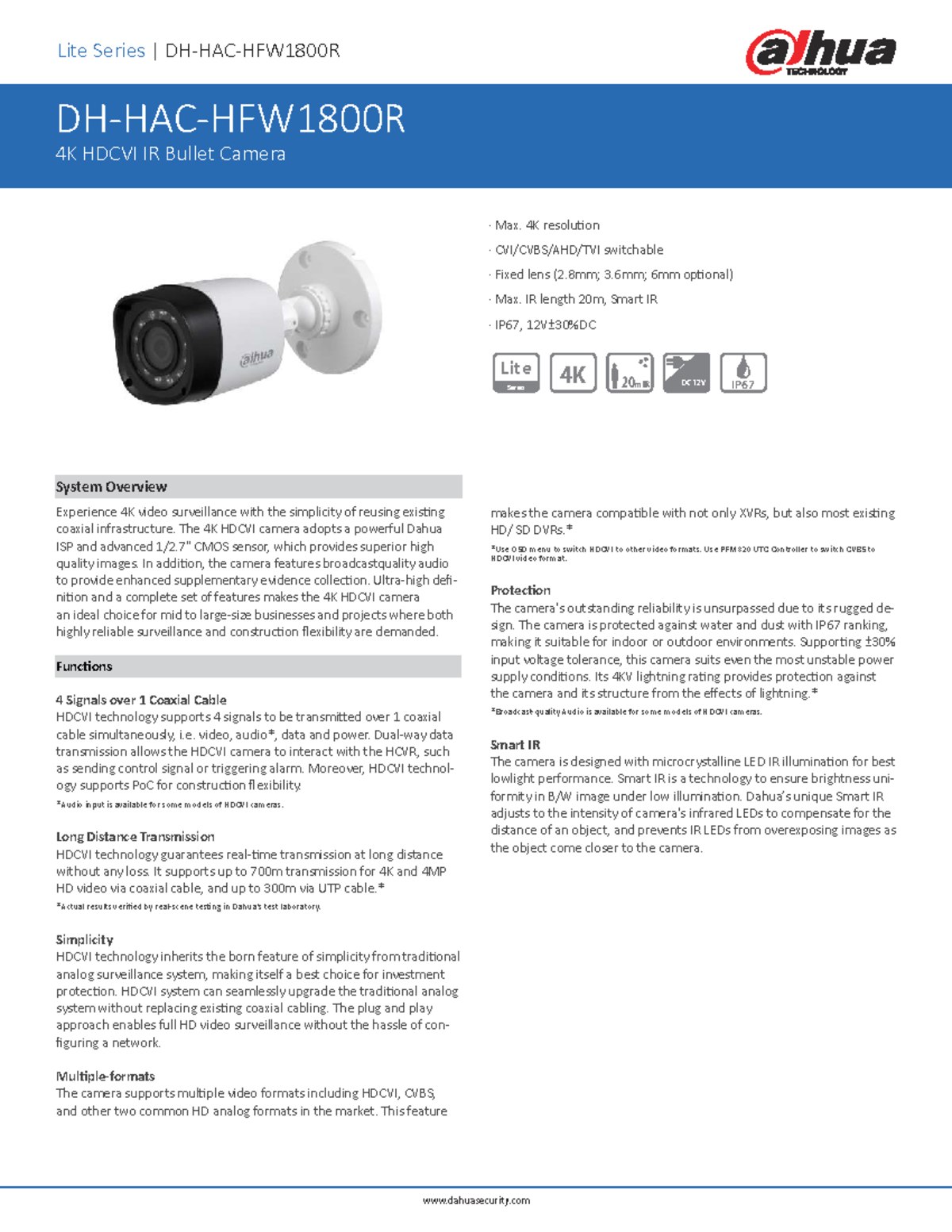 Dhhachfw 1800RN: Lite Series 4K HDCVI IR Bullet Camera Overview - Studocu