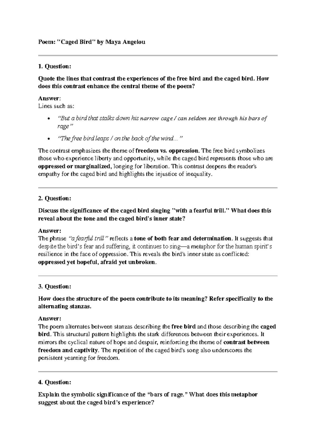 Caged Bird by Maya Angelou: Q&A Analysis on Freedom vs. Oppression ...