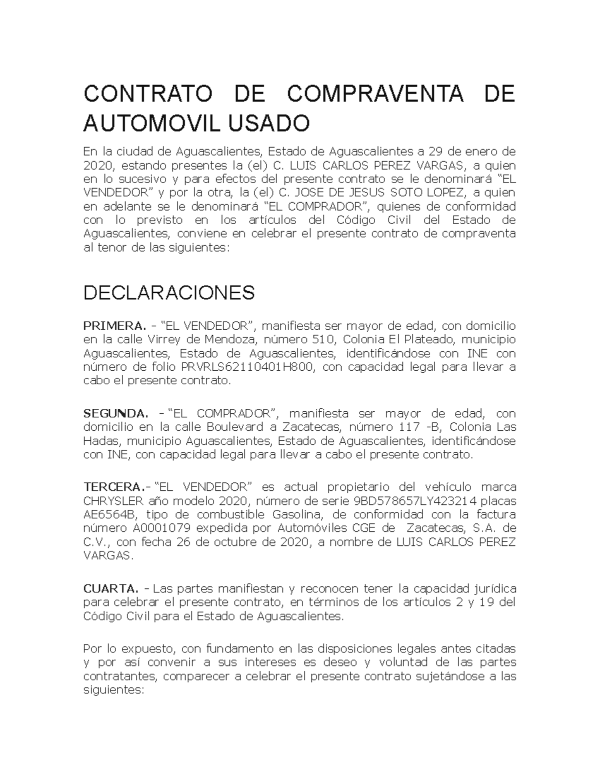 Contrato de Compraventa de Automóvil Usado - Aguascalientes - Studocu