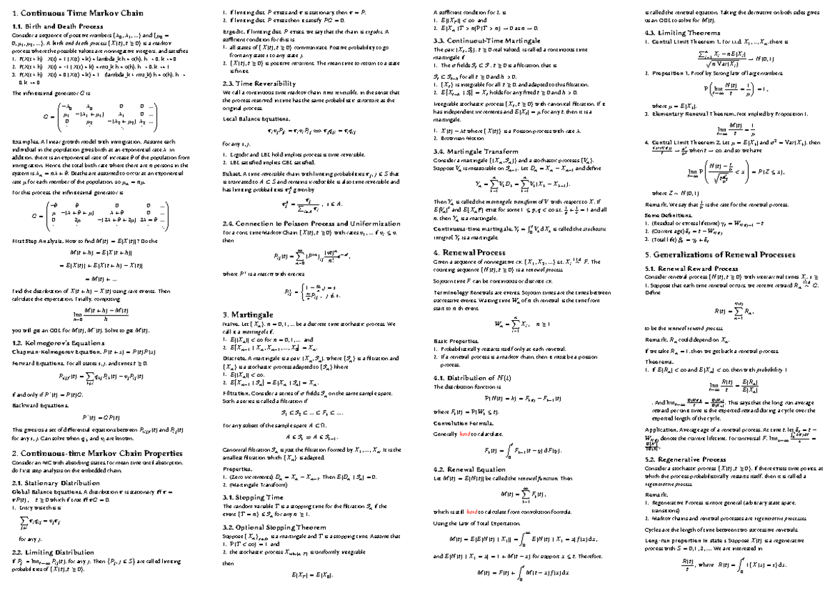 Final Cheatsheet for Continuous Time Markov Chain (CTMC) Concepts - Studocu