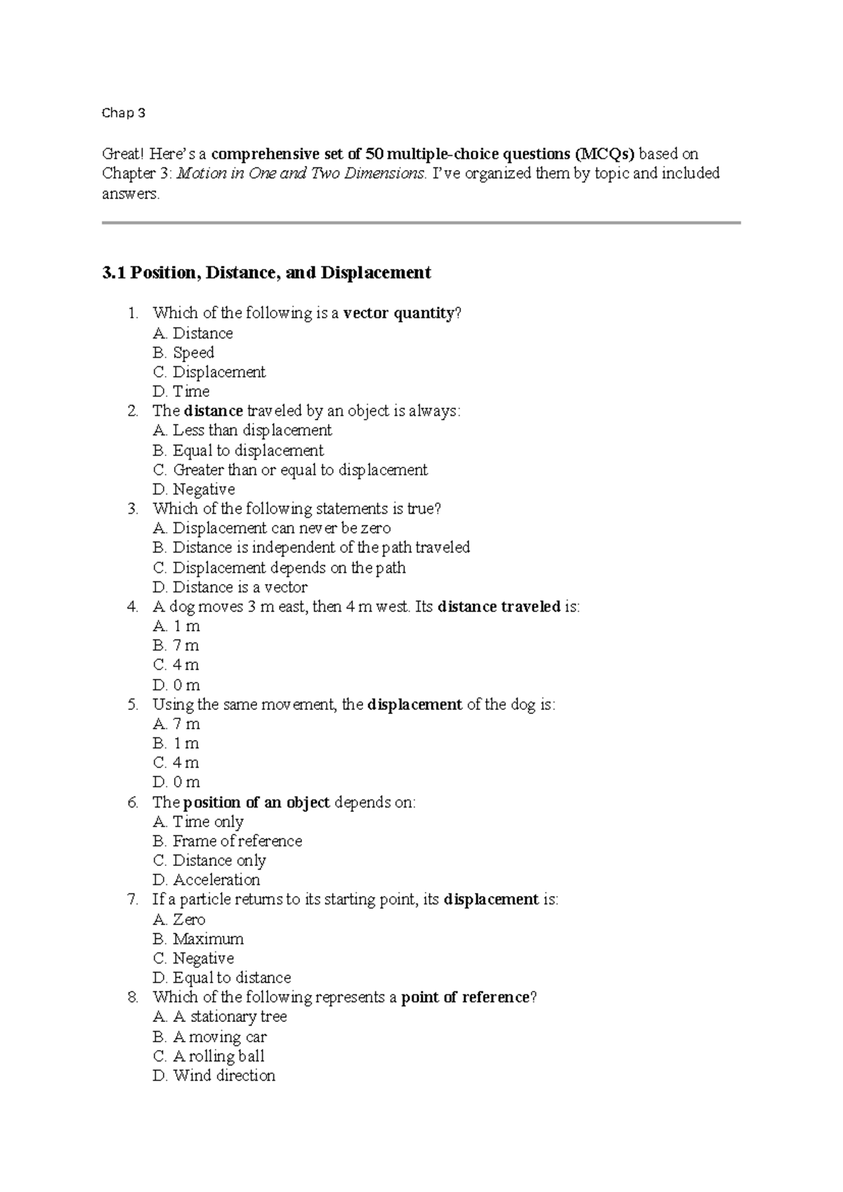 Chap 3: Motion in One and Two Dimensions - 50 MCQs with Answers - Studocu