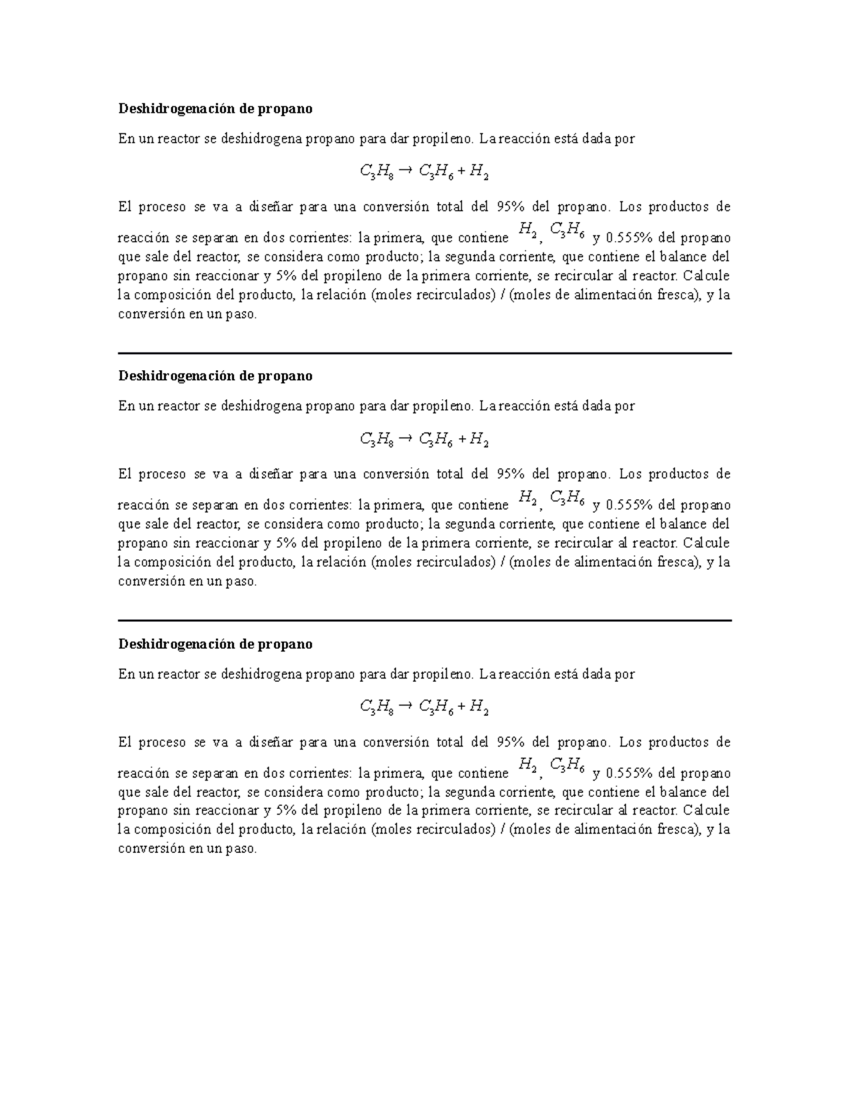 BMEII - Ejercicios de Repaso sobre Deshidrogenación de Propano - Studocu