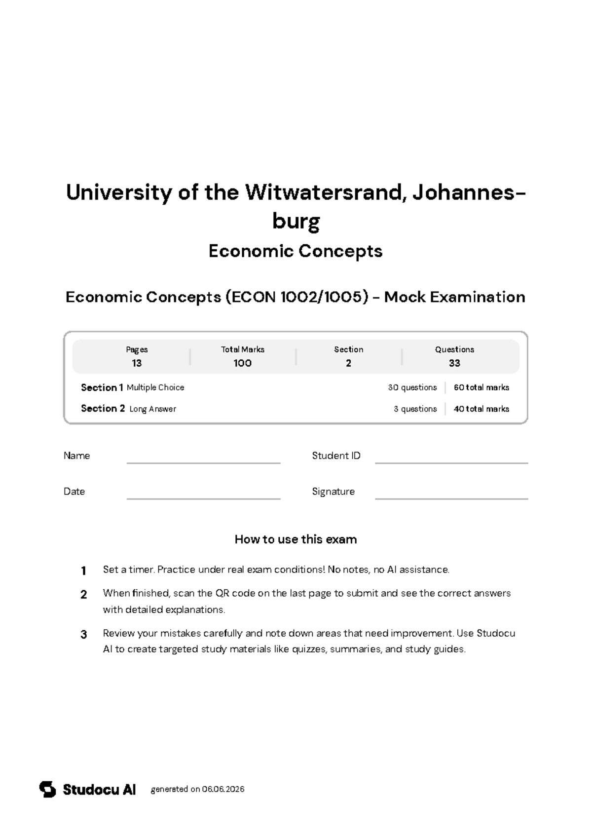 ECON 1002/1005 - Mock Examination on Economic Concepts - Studocu